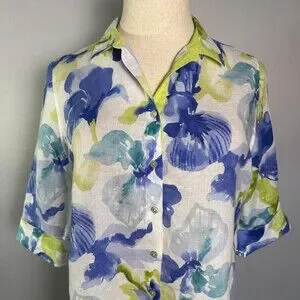 Chico's | Tops | Chicos Linen Watercolor Blouse Sz 2 2 Iris Flowers ...